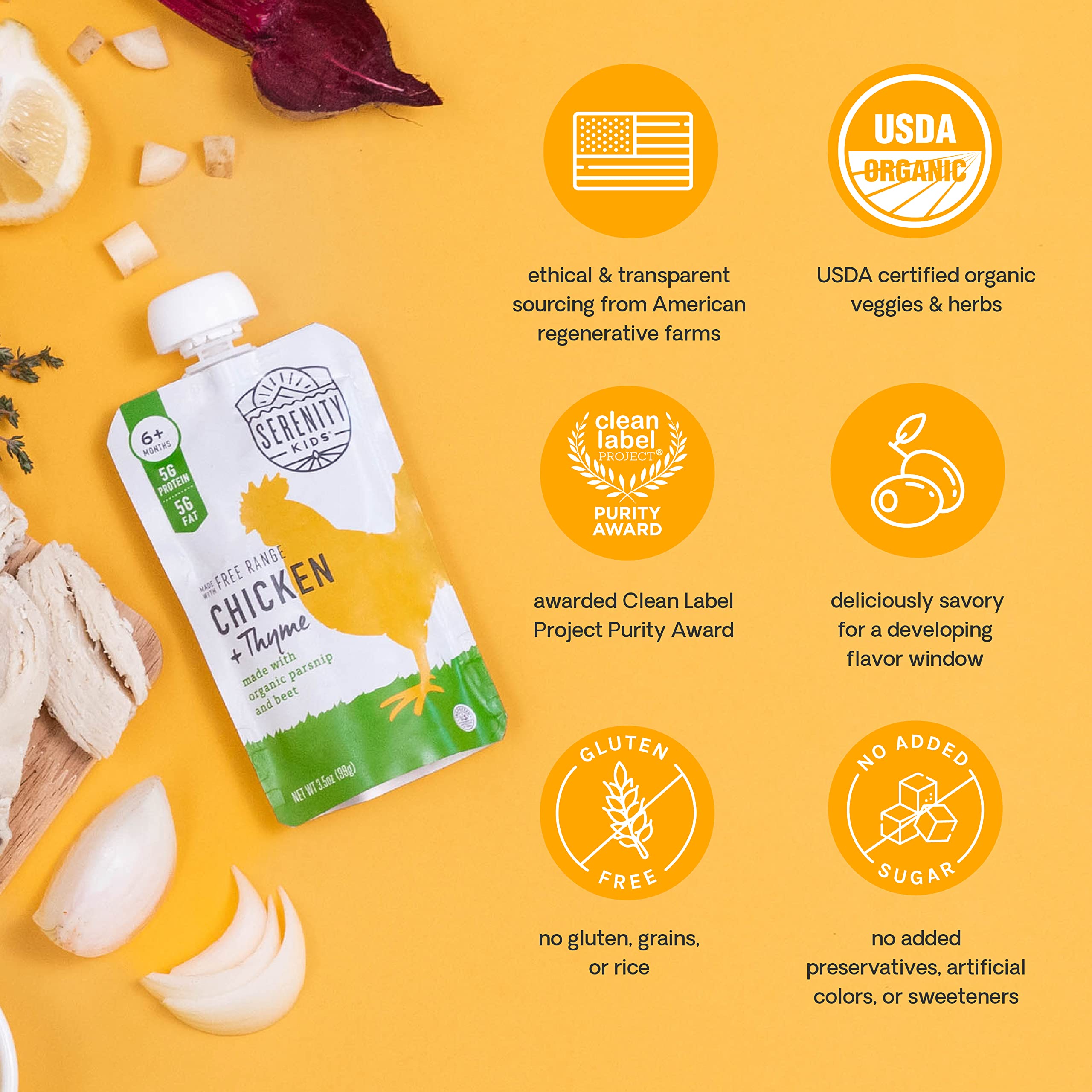 Serenity Kids 6+ Months Baby Food Pouches Puree Made With Ethically Sourced Meats & Organic Veggies | 3.5 Ounce BPA-Free Pouch | Free Range Chicken & Thyme, Parsnip, Beet | 1 Count