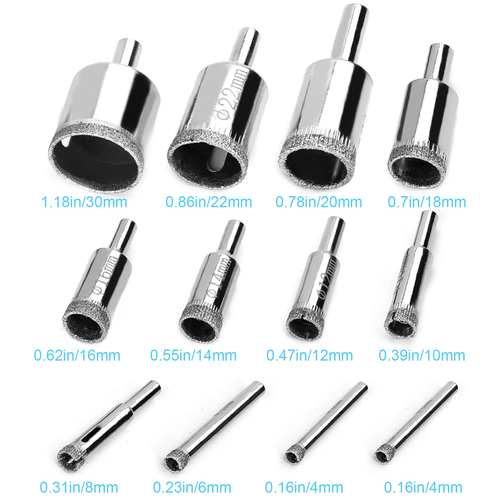12 Pcs Diamond Drill Bits for Ceramic, Diamond Hole Saw Drill Bit Set Kit, Premium Glass Drill Bit for Bottles, Pots, Marble, Granite Stone, Tile Cutting 0.16 Inch - 1.18 Inch(4 mm - 30 mm)YLYL