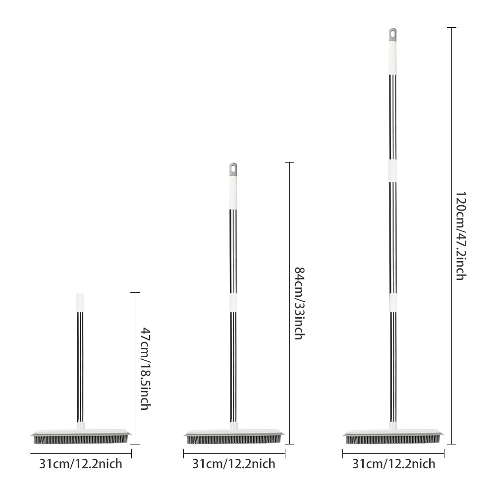 YFJQTZX Push Broom Pet Hair Removal Broom with Squeegee, Soft Silicone Bristle Broom with 47" Adjustable Long Handle, Non Scratch Carpet Sweeper Brush for Cat/Dog Hair Hardwood Tile Windows
