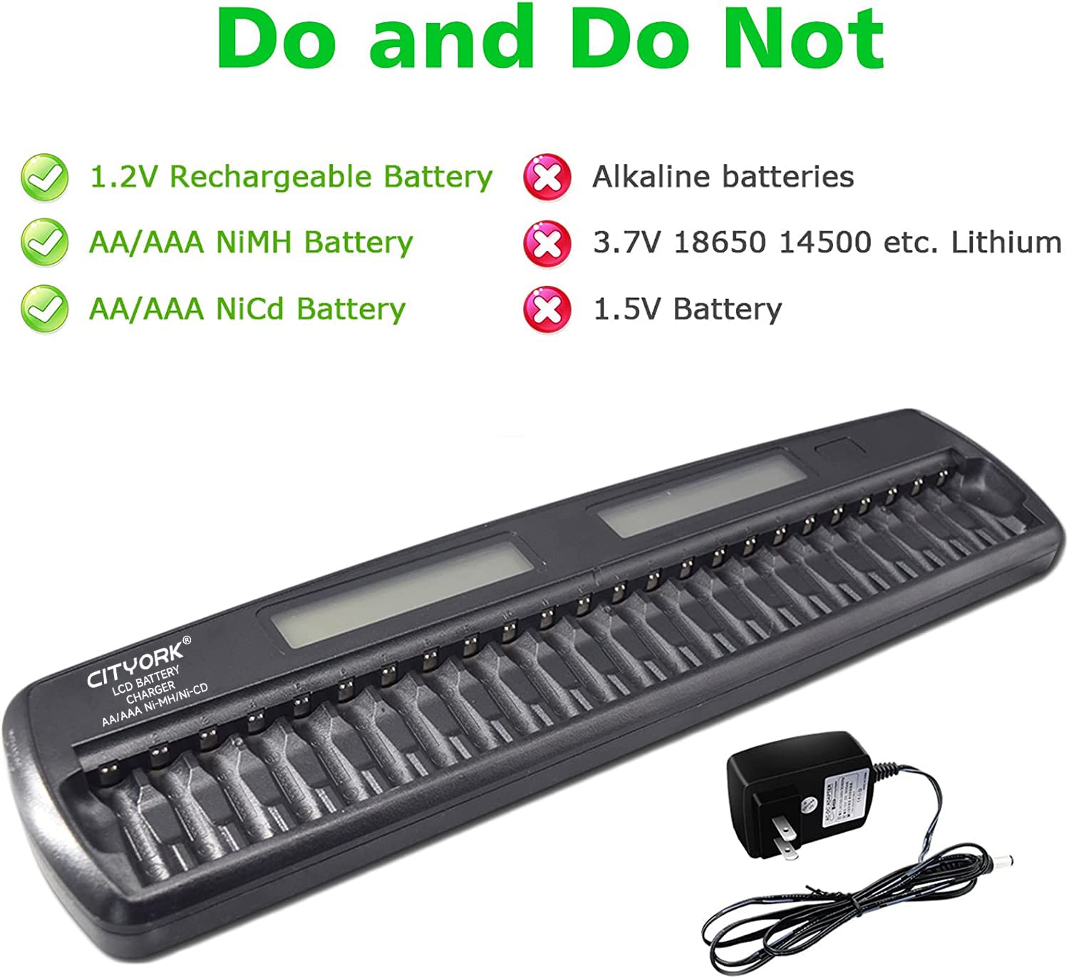 CITYORK 24 Bays Large Smart Battery Charger LCD Display Quick for 1.2V AA/AAA NiMH/NiCd Rechargeable Batteries with Built-in IC Protection & AC Wall Adapter
