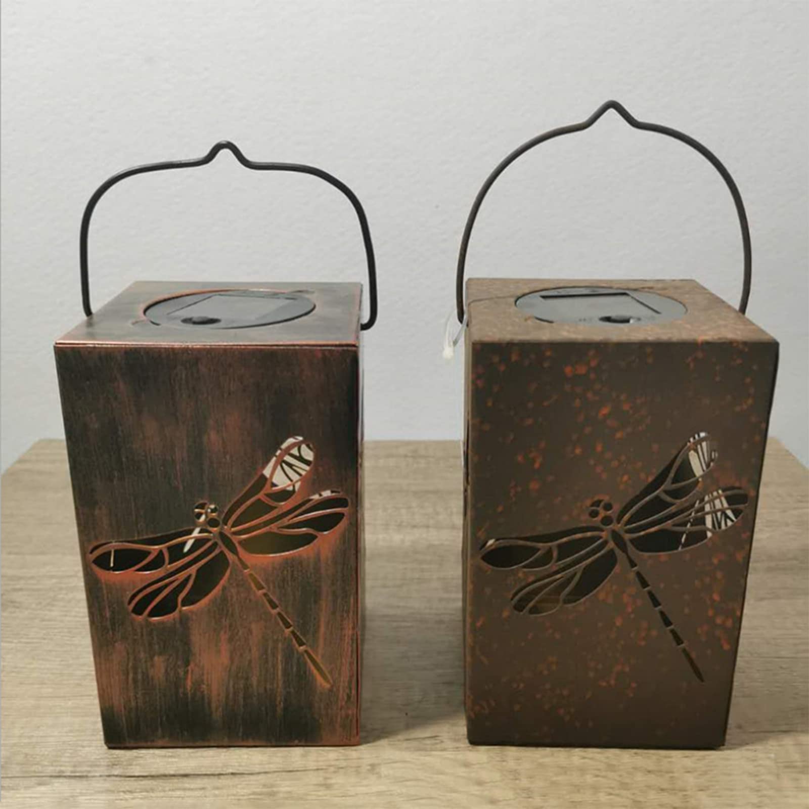 2 Pack Solar Lantern, Outdoor Hollow Dragonfly Hanging Lamp Garden Iron Lawn Projection Lamp, Waterproof Led Flashing Flameless Candlestick Task Lamp, Used for Porch Courtyard Lawn Passage