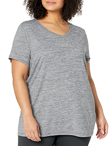 Amazon Essentials Women's Tech Stretch Short-Sleeve V-Neck T-Shirt (Available in Plus Size), Pack of 2, Black/Dark Grey Space Dye, Medium