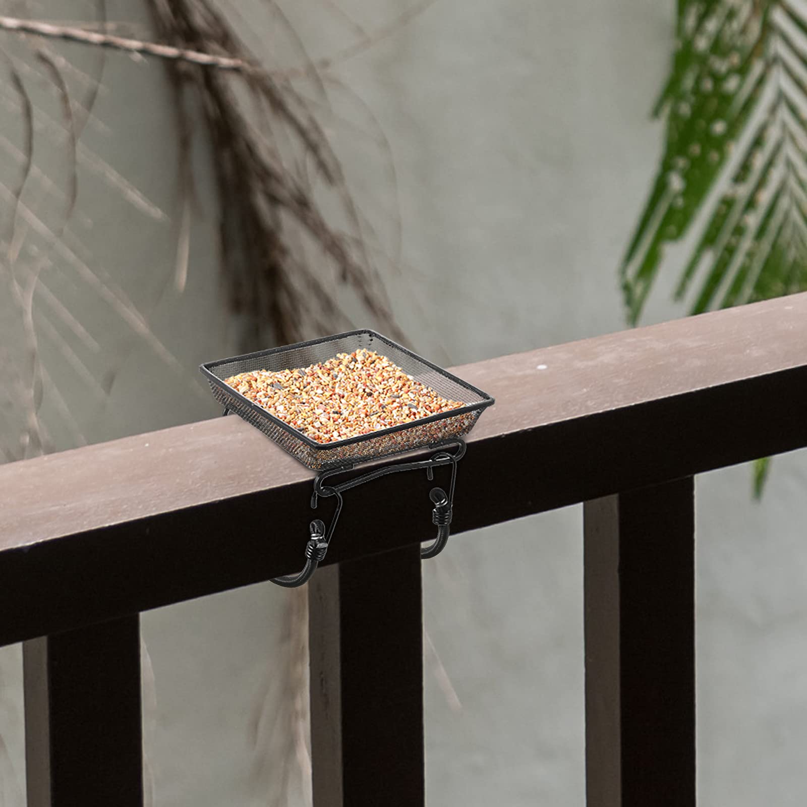 2 Pieces 7 x 7 x 2.7 Inch Metal Ground Bird Feeder Compact Platform Bird Seed Tray and 4 Pieces Elastic Rope for Outdoor Dove Birds or Squirrels Garden Decoration (Black)