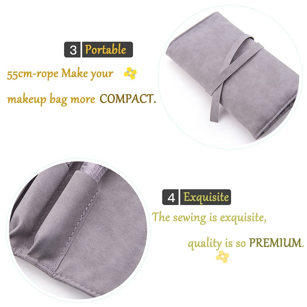 JAMEND CLXP 14 Pockets Makeup Brush Travel Rolling Case Gray Waterproof Cosmetic Travel Bag Brushes Pouch Holder, Premium Leather Brush Organizer with Belt Strap for Women Girls, NO BRUSHES.