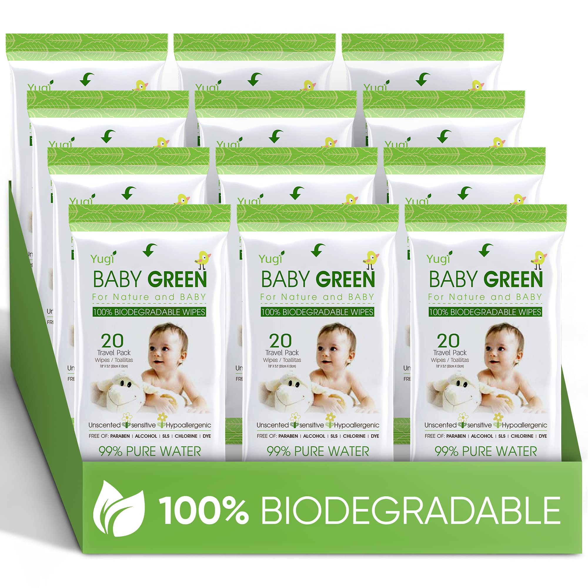 Baby Green Wipes Unscented compostable Organic Biodegradable ā Travel Pack (12 Packs of 20) 240 for Sensitive Skin