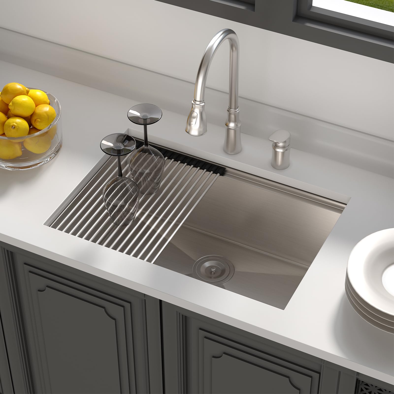 27 Undermount Kitchen Sink - LORDEAR 27x19 Inch 16 Gauge Stainless Steel Kitchen Sinks Under Counter Ledge Workstation Single Bowl Basin
