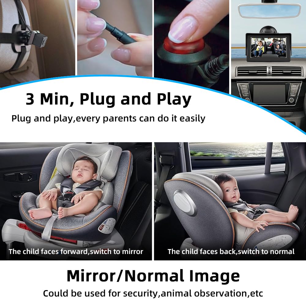 Baby Car Camera 4.3'' HD Baby Car Mirror Seat Camera Car Monitored Mirror Night Vision with Wide View Angle, Aimed at Baby, Plug and Play Car Camera for Baby Car Seat Rear Facing