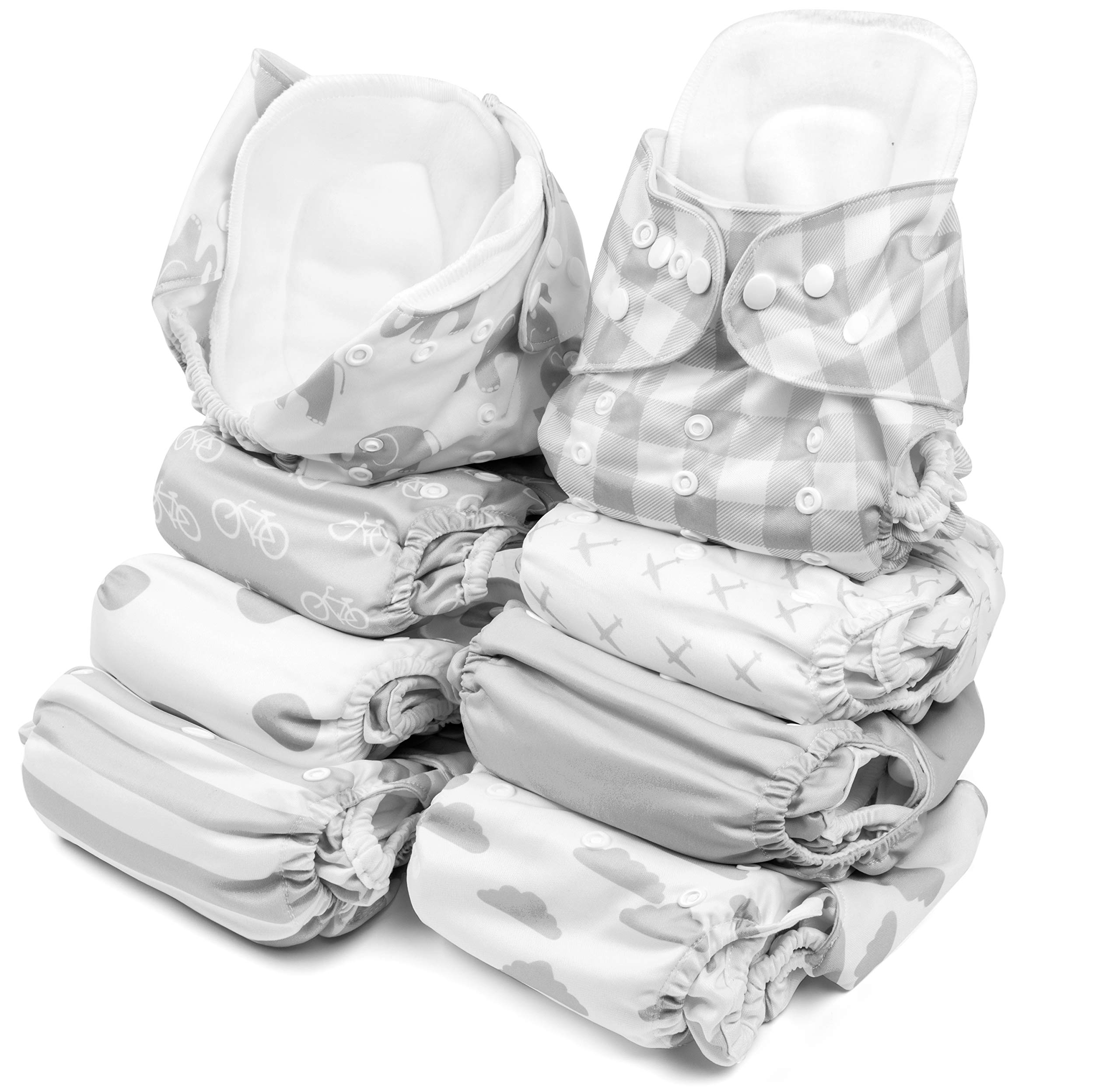 Grey Ground Bicycles Cloth Diapers (Updated Quality) โ 8 Reusable Cloth Diapers for Babies with 8 Cloth Diaper Inserts โ Extra Leg Lining for Boys and Girls