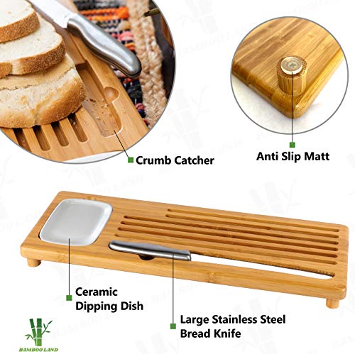 Bamboo Land- Bamboo Sweep Off Baguette Board with Bread Crumb Catcher and Ceramic Dipping Dish, 18β x 7β, Bread Cutting Board with Crumb Catcher, Board for Cutting Bread, Bread Cutter Knife