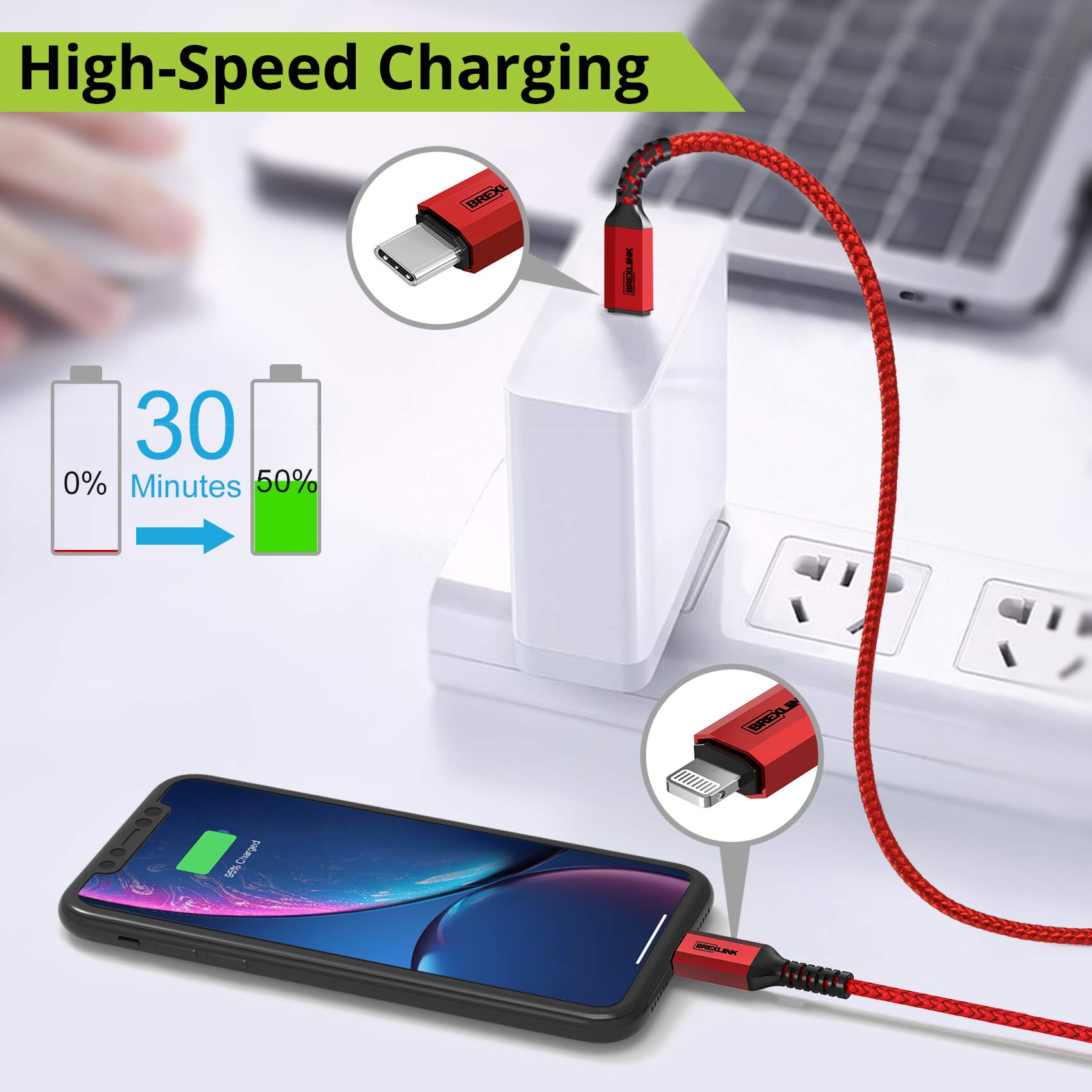 BrexLink USB C to Lightning Cable(10ft, MFi), Fast Charging Support Power Delivery, Nylon Braided Cable Compatible with Phone 12/12 Pro/11/11 Pro/11 Pro Max/XS Max/XS/XR/X/8/8 Plus,Red