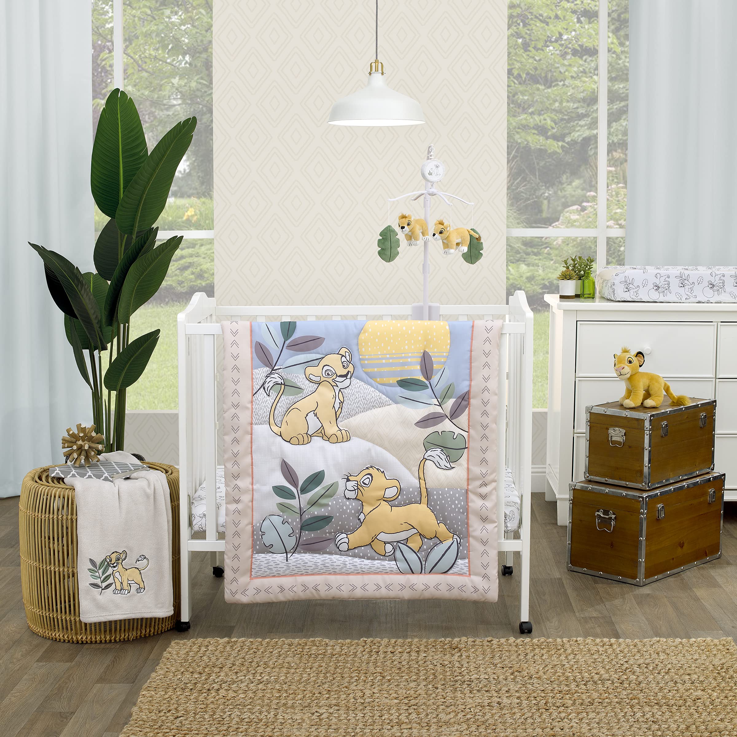 Disney Lion King Leader of The Pack Taupe and Green Simba and Nala Sunset and Leaves 3 Piece Nursery Mini Crib Bedding Set - Comforter and Two Fitted Mini Crib Sheets
