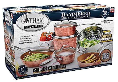 Gotham Steel Pots and Pans Set – Premium Ceramic Cookware with Triple Coated Ultra Nonstick Surface for Even Heating, Oven, Stovetop & Dishwasher Safe, 10 Piece, Hammered Copper