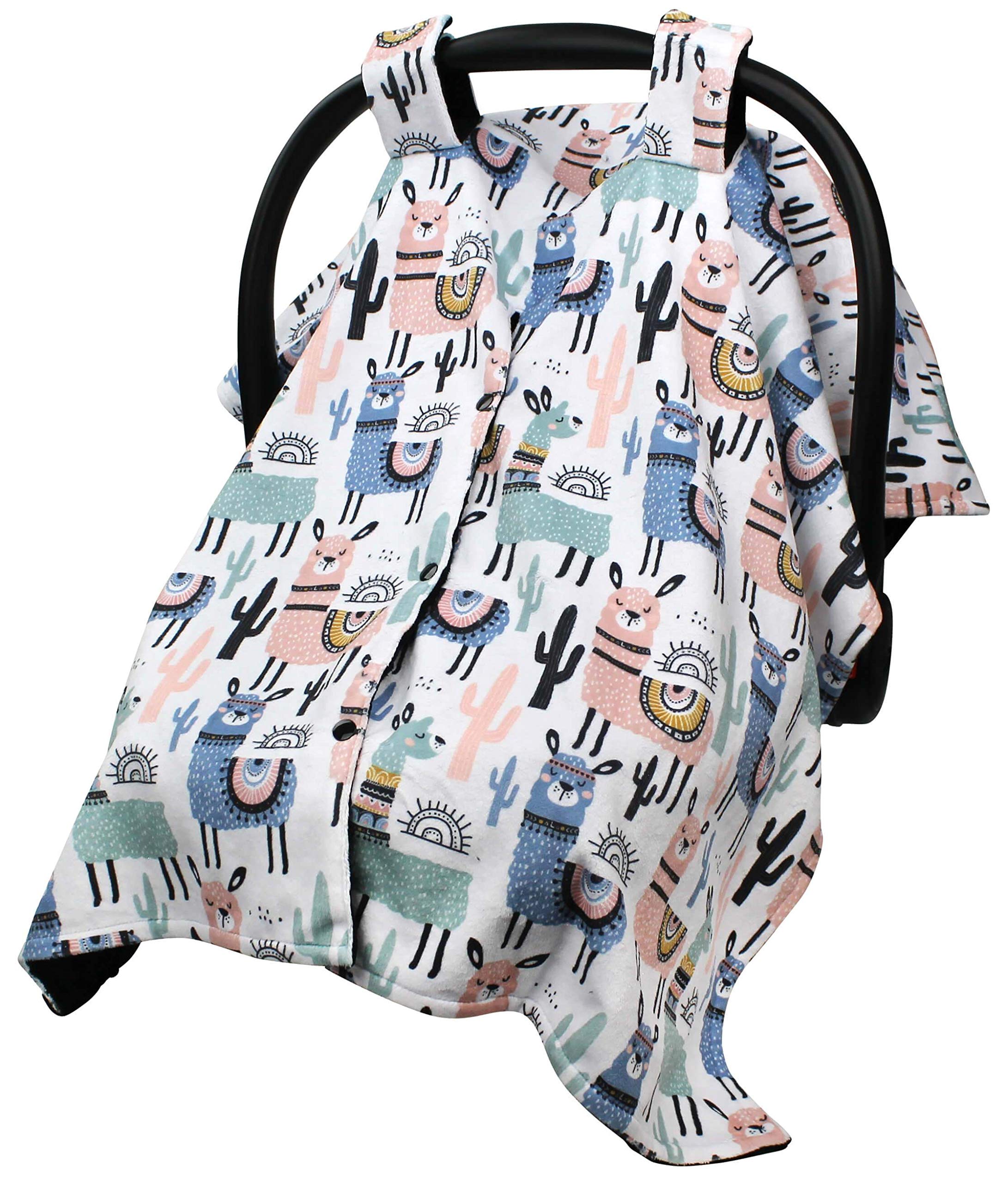 Baby Car Seat Canopy Cover - Emperor Llamas with Black Minky Dot