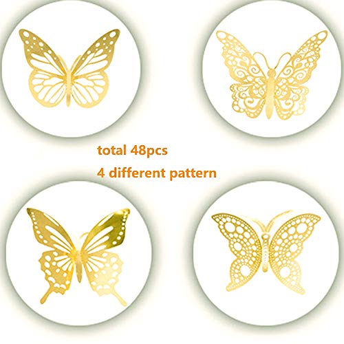 3D Butterfly Wall Stickers, 48PCS Gold Butterfly Wall Decals Decorations Stickers with 4 Patterns Butterflies Gold Party Decoration for Home Nursery Classroom Kids Bedroom Decor