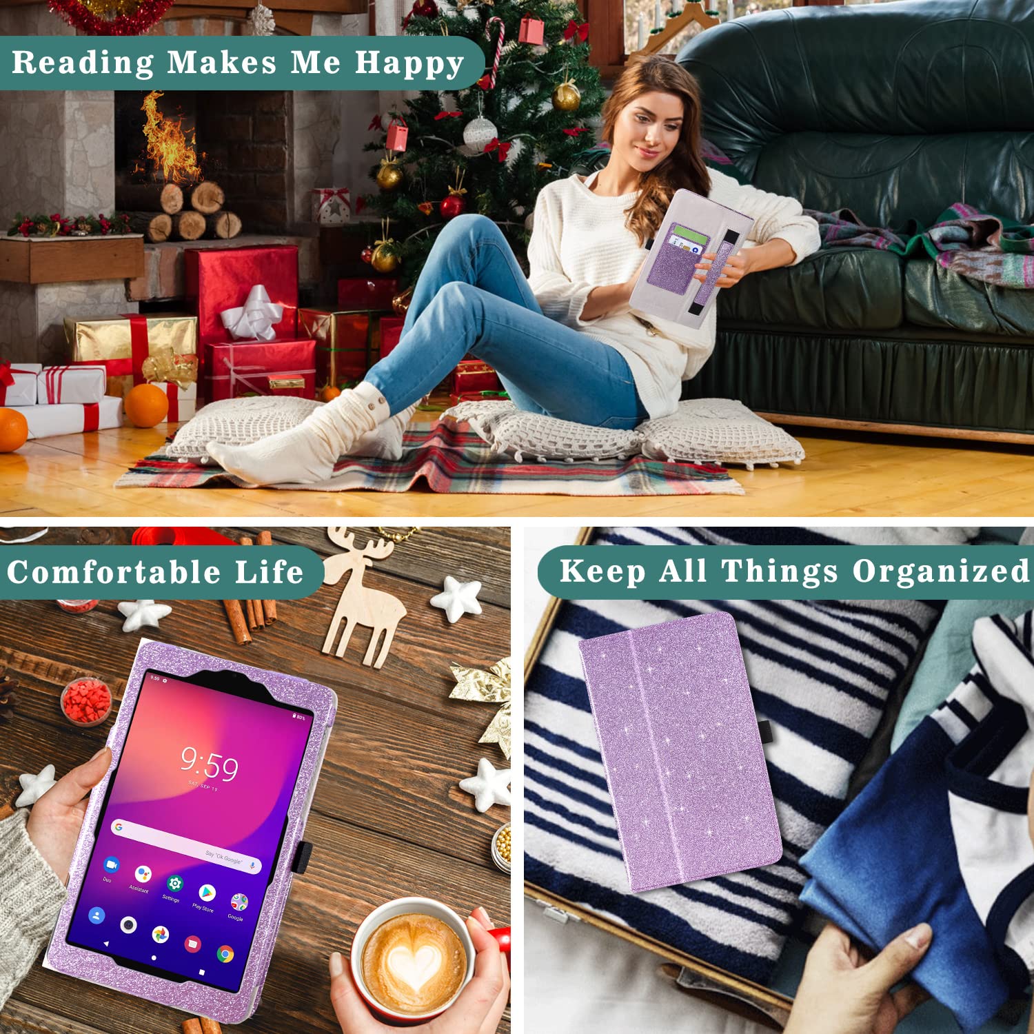 DMLuna Case for Metro by T-Mobile Alcatel Joy Tab 2, 8 Inch Tablet 2020 Release, PU Leather Shockproof Folio Cover Protector Accessory with Handle Hand Strap, Stand, Card Slot, Glitter Purple