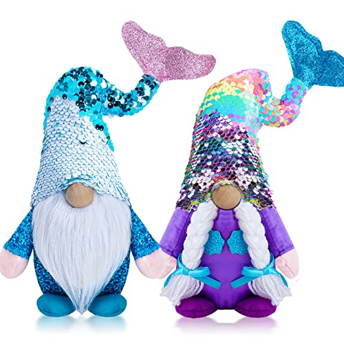 ALLYORS Sequin Summer Gnome Couple Mermaid Gnomes Beach Gnome Summer Tomte Plush Birthday Gifts Gnomes Scandinavian Decoration Shelf and Tiered Tray Decoration for Summer