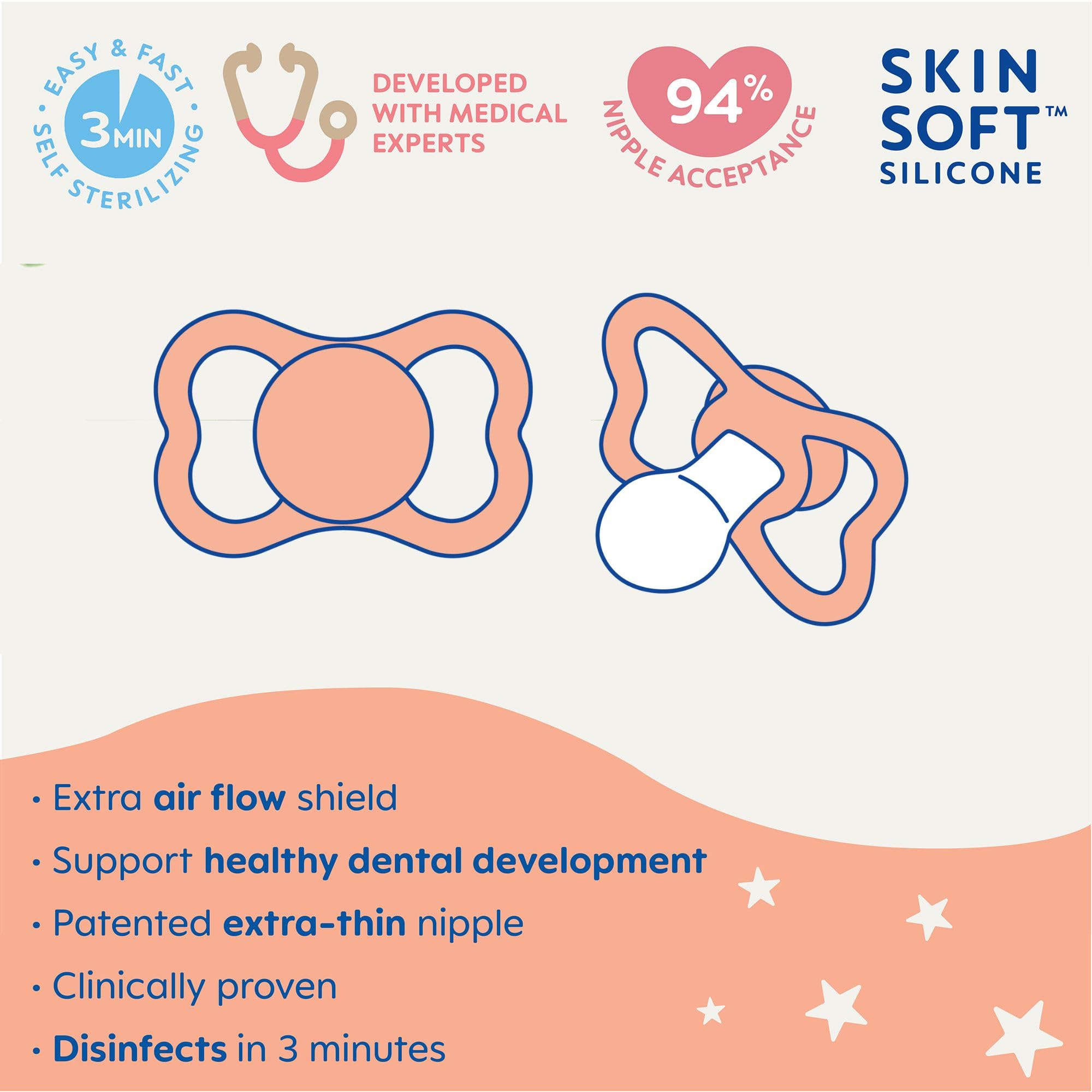 MAM Supreme Night Baby Pacifier, for Sensitive Skin, Patented Nipple, 16+ Months, Girl, 2 Count (Pack of 1)