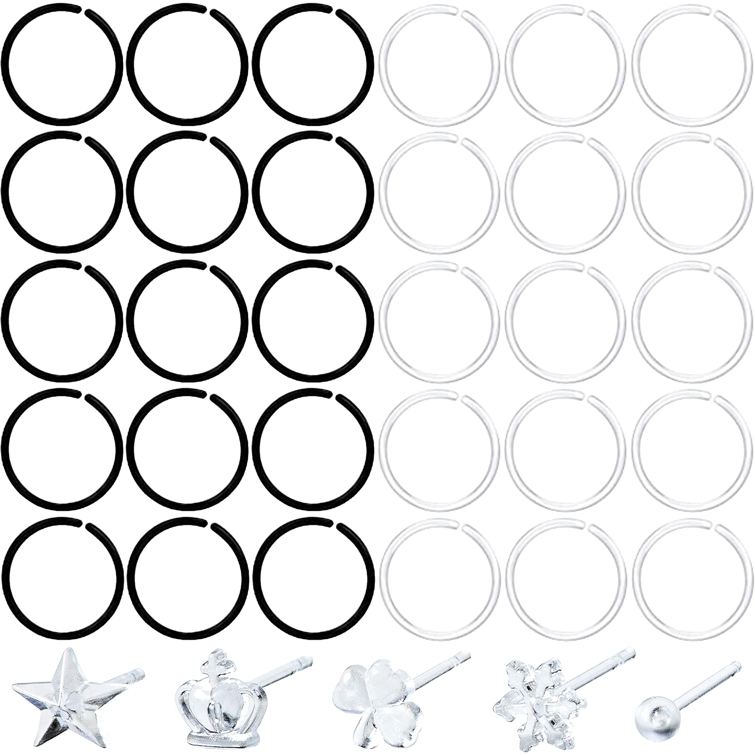 100Pcs Anti-Allergy Plastic Hoop &10Pcs Studs Earring Piercing Posts Ears Hole Retainers Hoop Clear Nose Rings Hoop Retainer for Men Women Sports Work (2-in-1 Color)