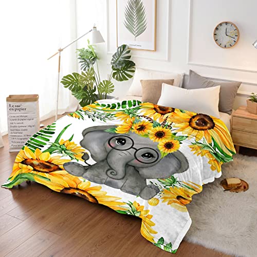 Super Soft Blanket Glasses Elephant and Sunflower Light Weight Throw Quilt Comfy Fluffy for Bed Sofa Suitable All Seasons 50"X40" for Kid Small