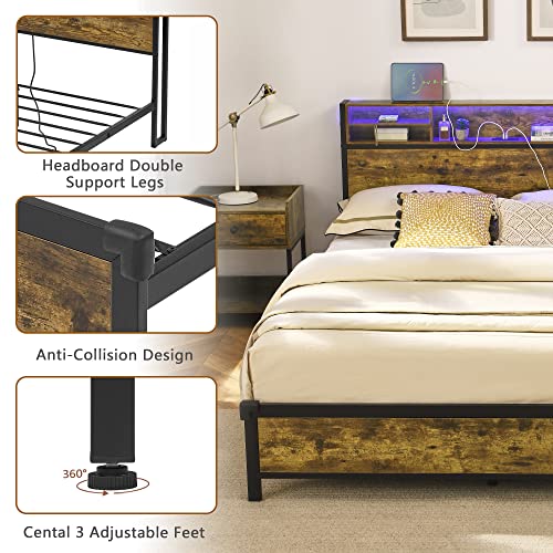 Alohappy Full Size Bed Frame with Led Bookcase Headboard and Charging Station,Metal Platform Bed Frame with RGB Light Strips, Sturdy and No Noise Easy Installation No Box Spring Needed