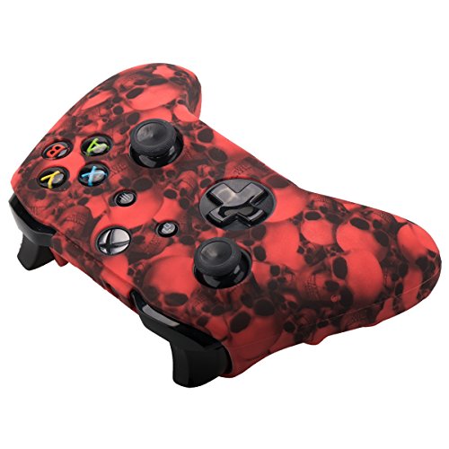 9CDeer 2 Pieces of Silicone Water Transfer Protective Sleeve Case Cover Skin + 8 Thumb Grips Analog Caps for Xbox One/S/X Controller, Skull Black & Red