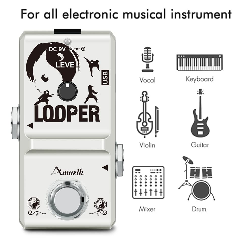 Amuzik Looper Electric Guitar Effect Loop Pedal 10 Minutes of Looping Unlimited Overdubs USB Port True Bypass