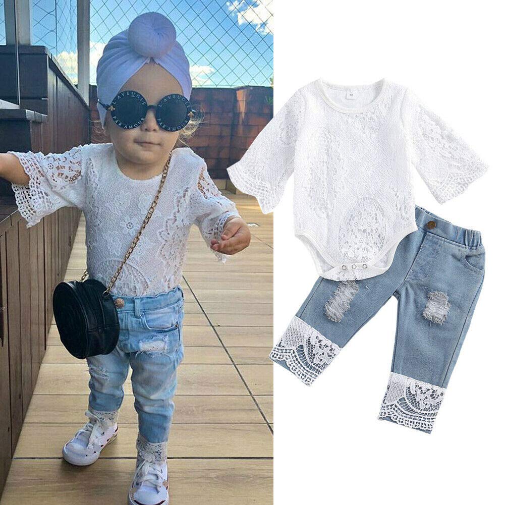 AvoDovA Baby Girls Pants Set Ruffles Sleeve Lace Romper + Denim Ripped Jeans Outfits (White,6-12 Months)