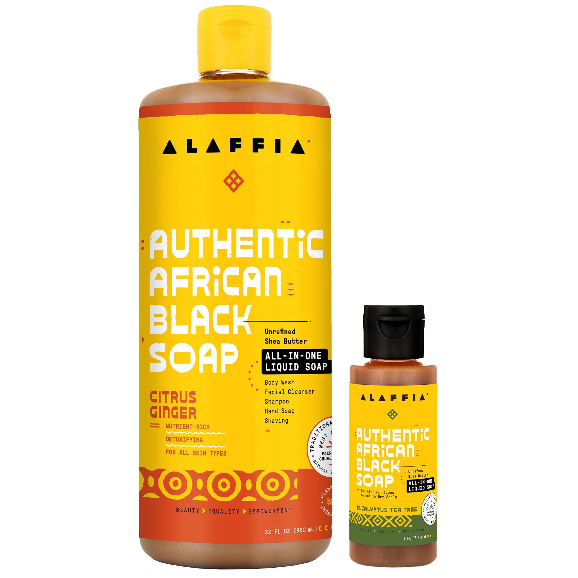 Alaffia Authentic African Black Soap Variety 2-Pack – All-In-One Liquid Soap, Travel-Size Eucalyptus Tea Tree + Full-Size Citrus Ginger Body Wash, Face Wash, Shampoo, Shaving Soap