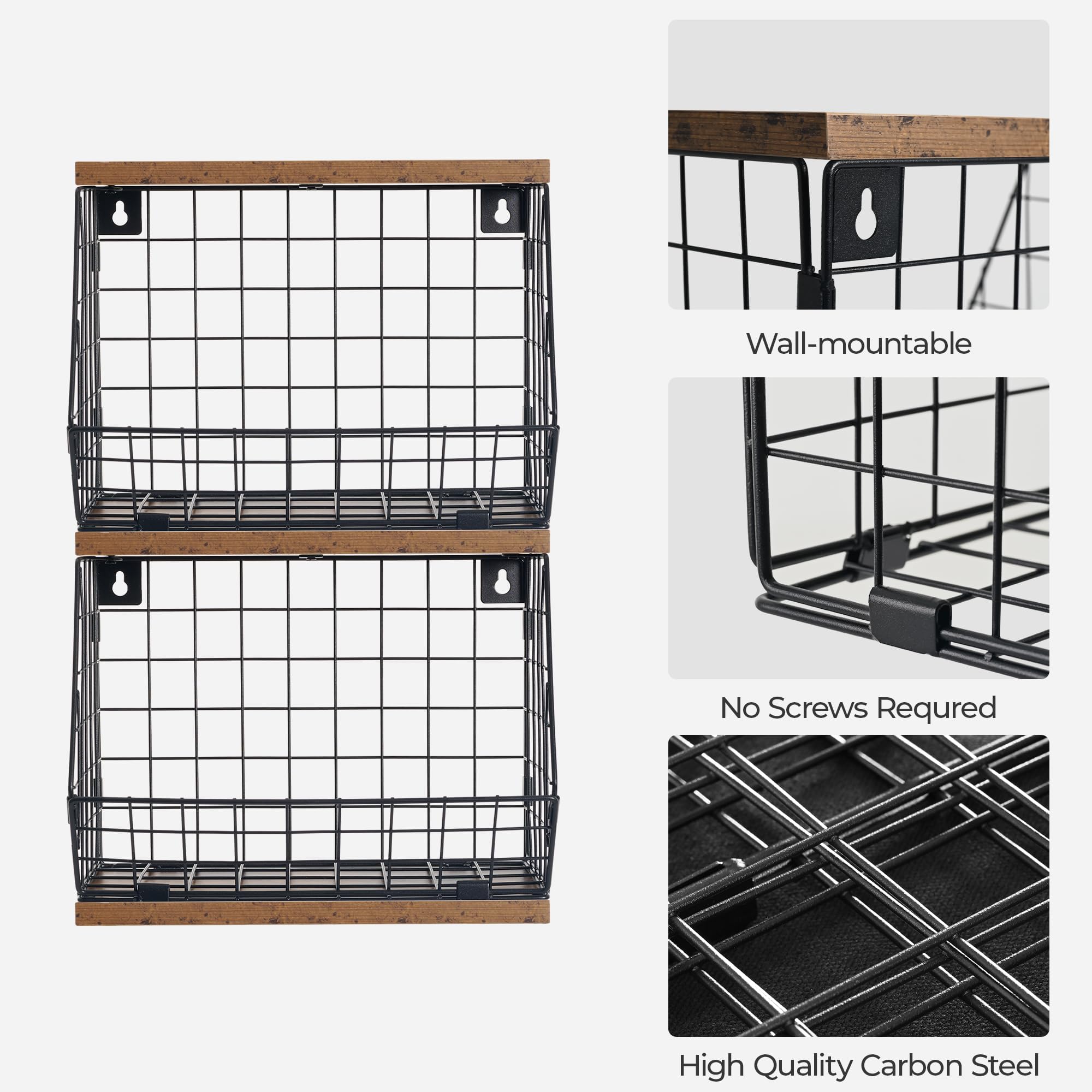 2 Pack Stackable Fruit Baskets with Wood Lid for Kitchen Counter, Wall-Mountable Hanging Wire Baskets with 4 Banana Hanger Hooks, Kitchen Organizers and Storage for Vegetable Onion Potato