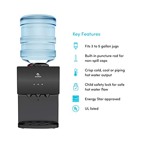 Avalon A11BLK 3 Temperature Top Loading Countertop Water Cooler Dispenser with Child Safety Lock. UL/Energy Star Approved-Black Stainless Steel