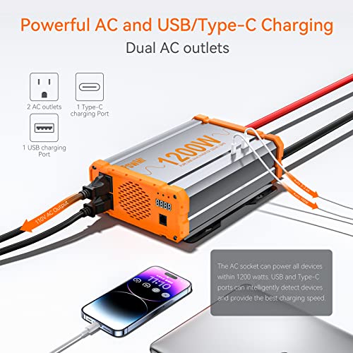 1200W Pure Sine Wave Inverter 12V DC to 120V AC Converter & 60A MPPT Solar Controller 12V/24V/36V/48V Auto Solar Panel Charge Controller fit for Lead-acid and Lithium Battery