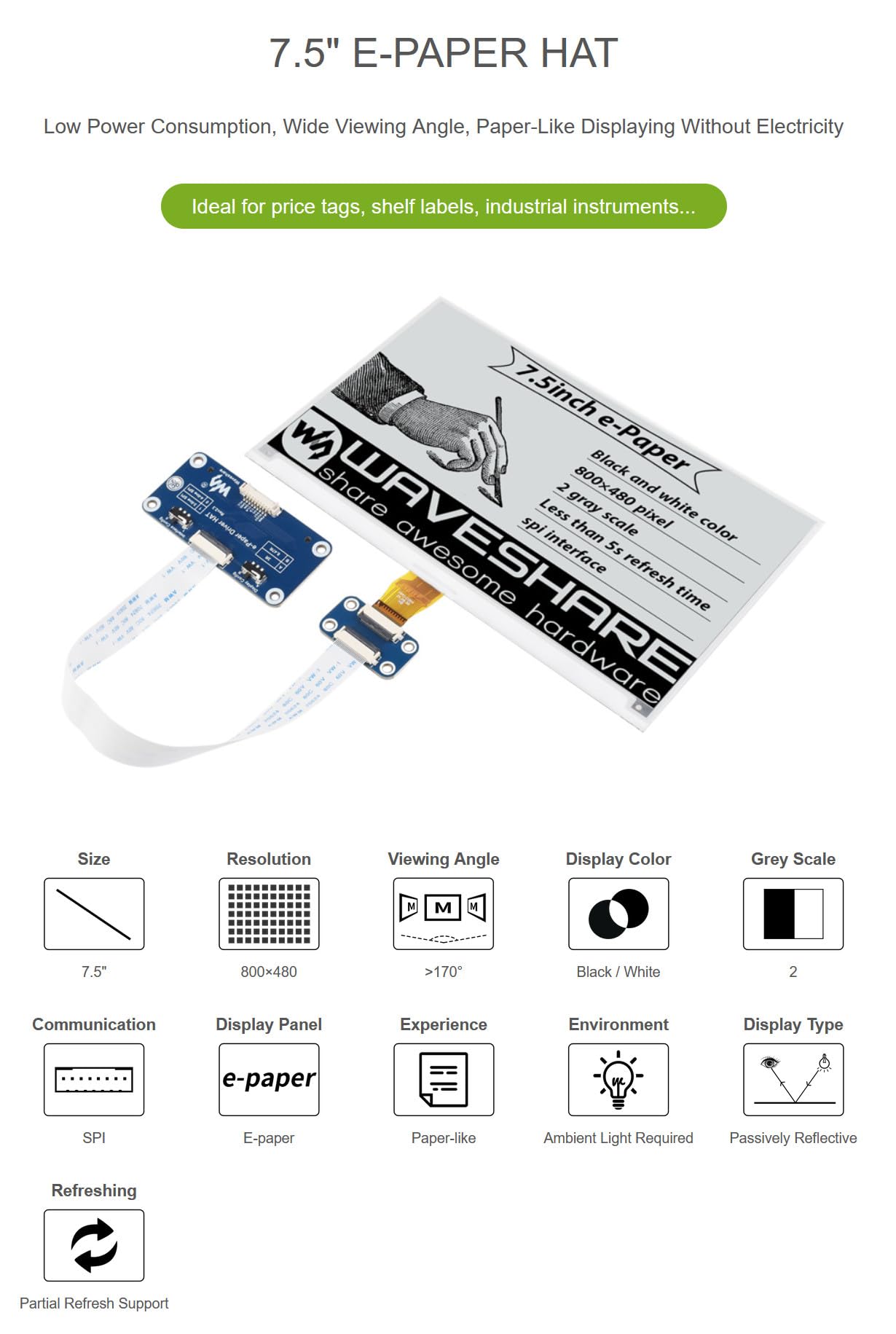 7.5 inch E-Ink display e-Paper HAT Resolution 800×480 SPI interface for Raspberry Pi 3 2 Zero W WH Jetson Nano Arduino @XYGStudy