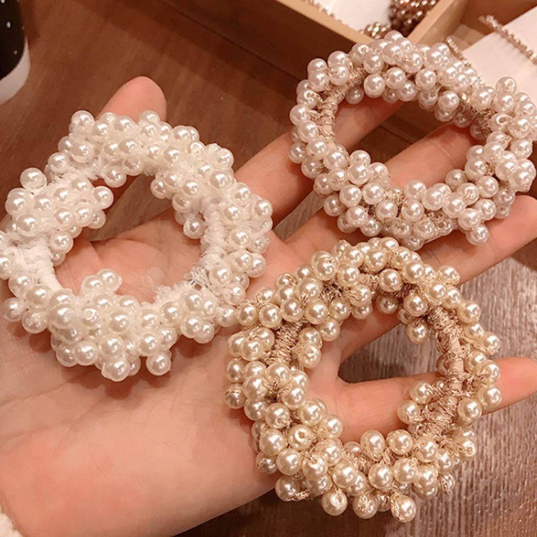 Brinie Pearl Hair Ties Champagne Elastic Scrunchies Stretchy Bands Bead Ropes Hair Accessories for Women and Girls (Pack of 3) (set1)