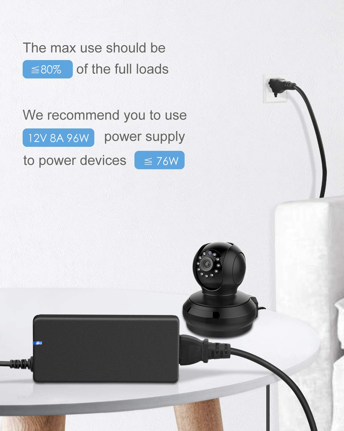 ALITOVE 12V 8A 96W Power Supply Adapter AC to DC Converter AC 100V ~ 240V to DC 12V 8amp Transformer LED Driver with 5.5x2.5mm DC Jack for 5050 3528 LED Strip Module Light, CCTV