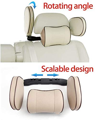 Car Seat Headrest Pillow, Support Neck Pillow Head Protection Cervical Spine Adjustable on Both Sides Telescopic Version PU Leather Universal for Kids Adults Travel(Beige)