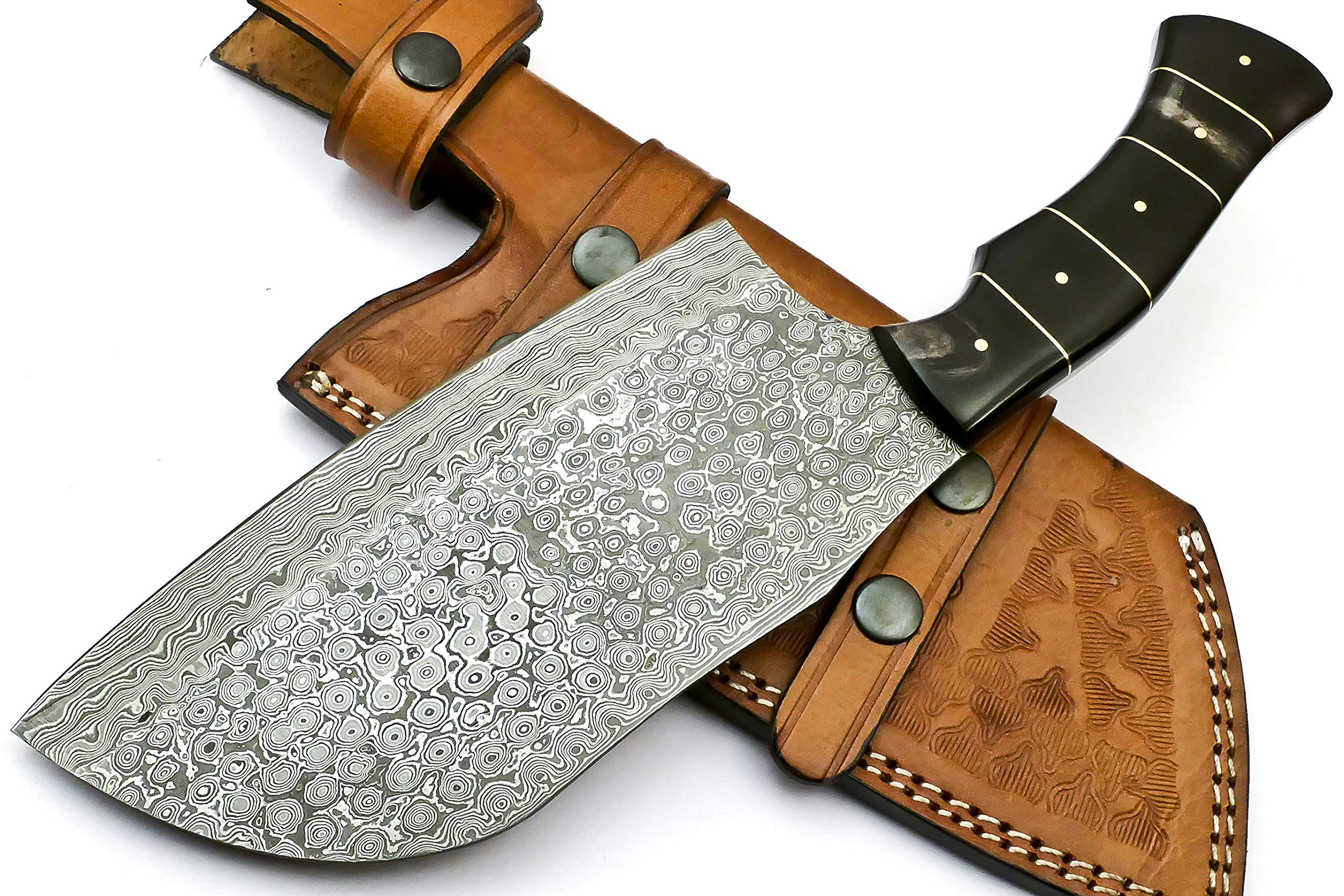 CK-104 Hand Forged 224 Layers Damascus Steel Chef's Cleaver Full Tang Horn Handle, Sharp Blade With Leather Sheath