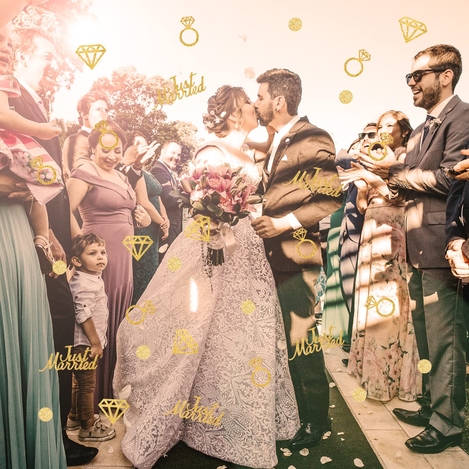 AIEX 300pcs Gold Wedding Table Confetti, Glitter Paper Confetti Just Married Diamond Ring Dots Confetti Table Decorations for Bridal Shower Wedding Bachelor Party