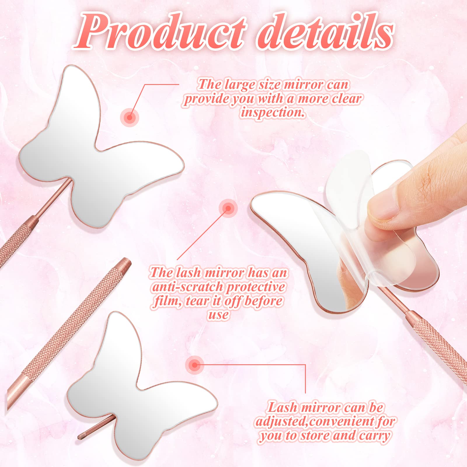 2 Pieces Lash Mirror Stainless Steel Lash Makeup Mirror Butterfly Eyelash Mirror Detachable Square Lash Extension Mirror Eyelash Extensions Accessories for Lash Extension Supplies, Pink and Rose Gold