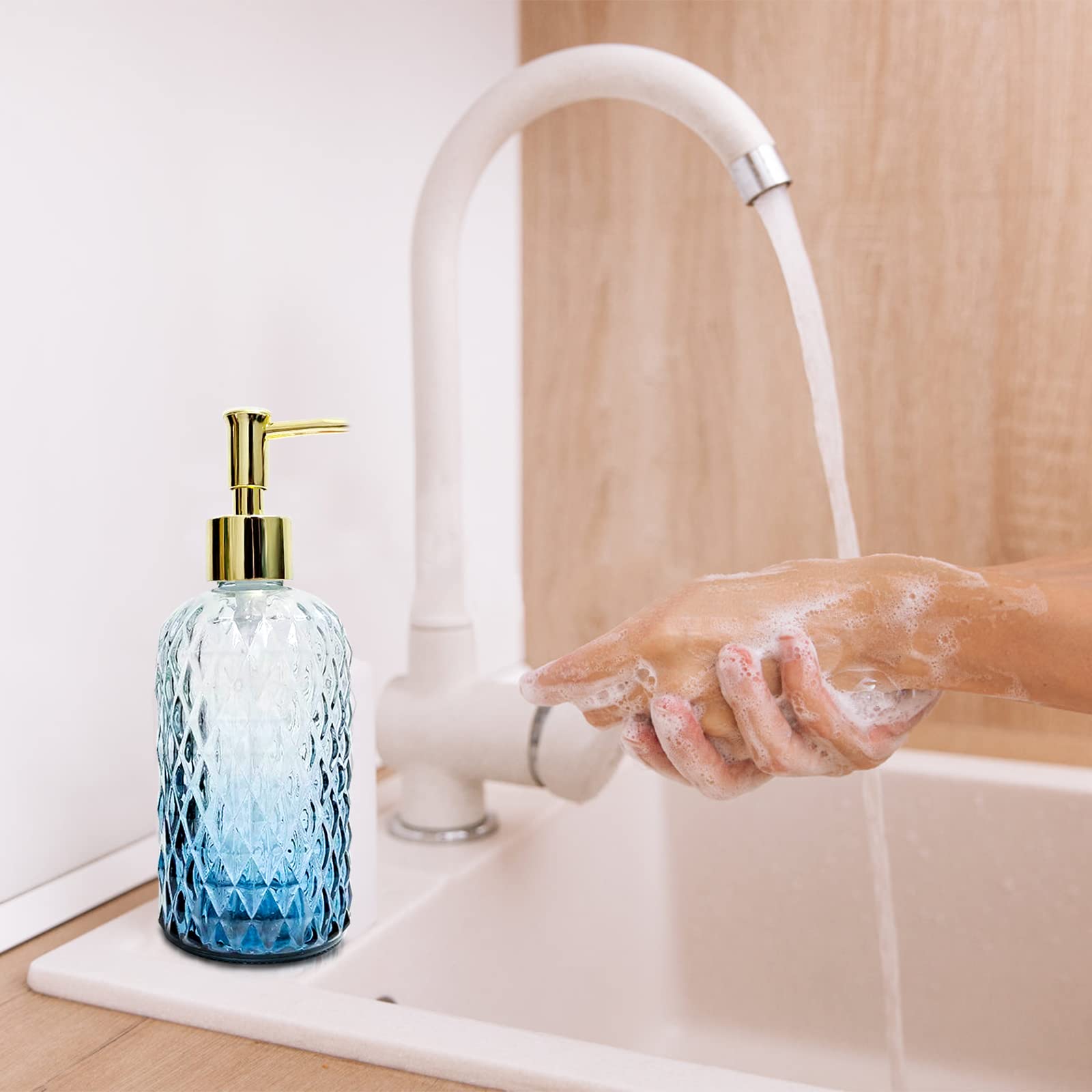 13oz Glass Soap Dispenser, Diamond Shaped Embossed Refill Hand Soap Clear Glass Bottle with Pump for Essential Oils, Liquid Soap, Detergent, Lotion (Transparent+Blue)