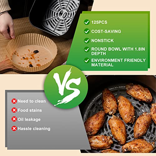 Air Fryer Disposable Paper Liners: 125Pcs 8In Parchment Paper Food Grade Baking Liner for 5-8 QT Airfryer Basket
