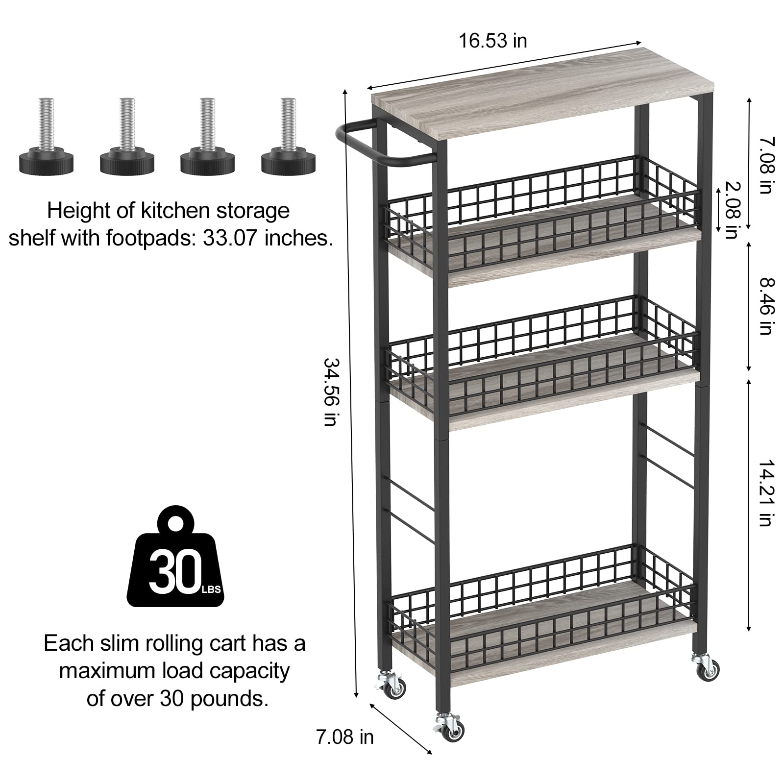 4 Tier Slim Storage Cart Narrow Laundry Cart on Wheels Utility Kitchen Rolling Cart with Wood Tabletop Mobile Shelving Unit Bathroom Storage Organizer Slide Out Rolling Tower for Narrow Spaces