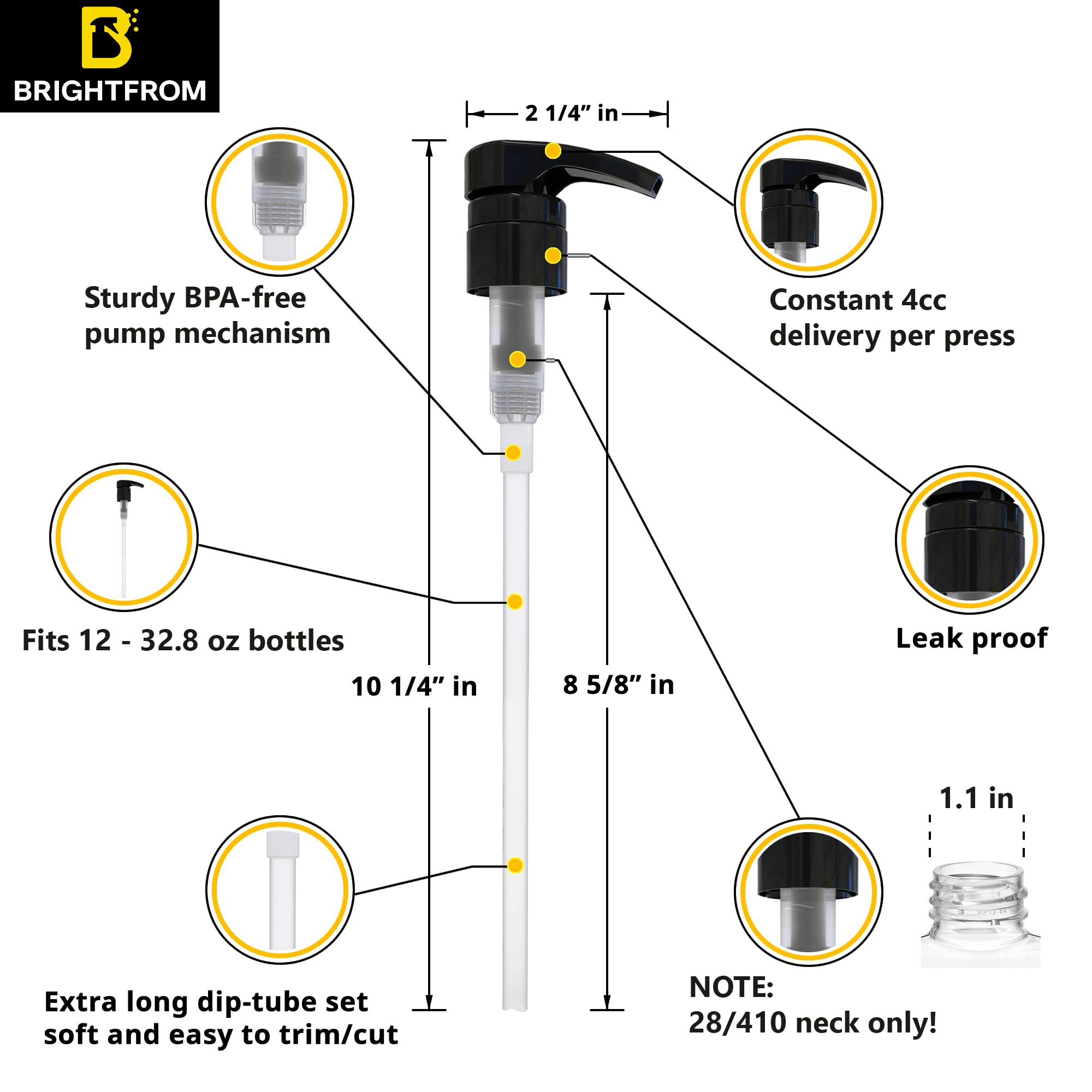 BRIGHTFROM Universal Dispensing Pump, Perfect for Shampoo & Conditioner 1 L (33.8 OZ) - Fits Most Bottles or Any Refillable Bottles from 12oz to 33.8oz with 28/410 Neck Size, Black (Pack of 2)