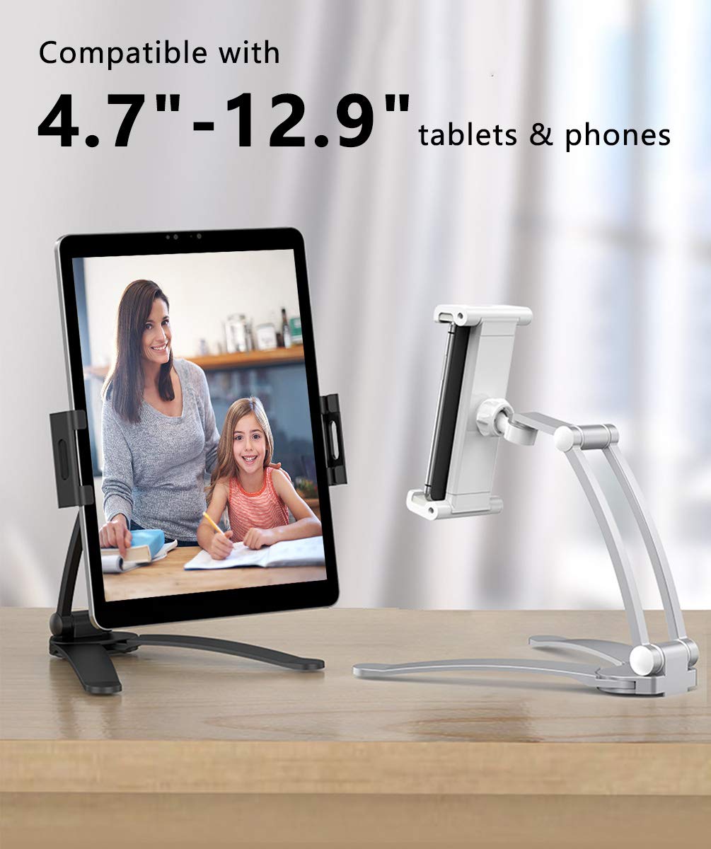 AYADA Kitchen Cabinet Tablet Holder, 2 in 1 Wall Mount Desktop Stand for ipad 12.9 Aluminum Alloy Metal Adjustable Multiangle Foldable Universal Phone Tablet Bracket Cooking Table Counter Top (Silver)