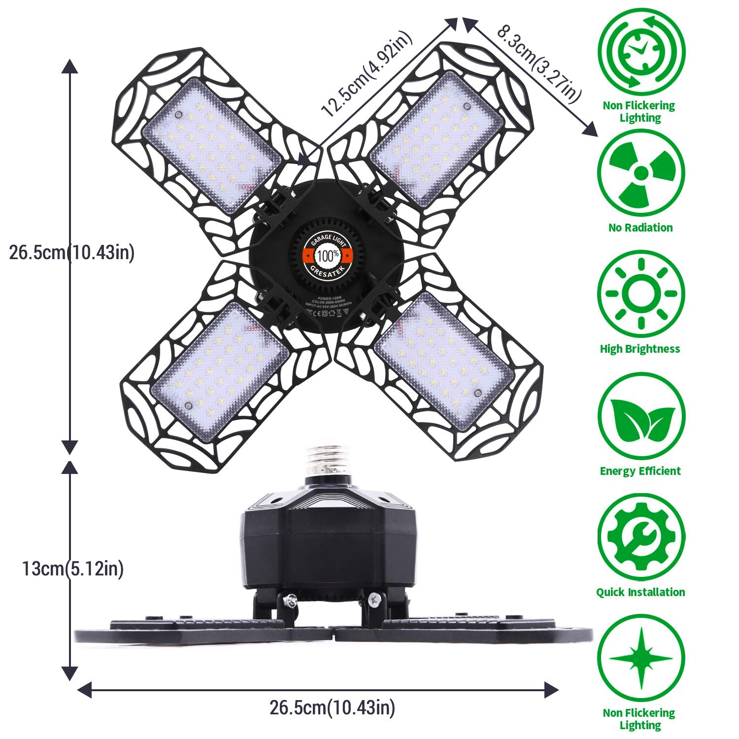 120W LED Garage Light, 12000 Lumens Deformable Four Leaf Tribright Lighting 4 Adjustable Panels Quadruple Glow Garage Light, CRI 80, 6000K Garage Ceiling Light for Warehouse, Basement, Barn