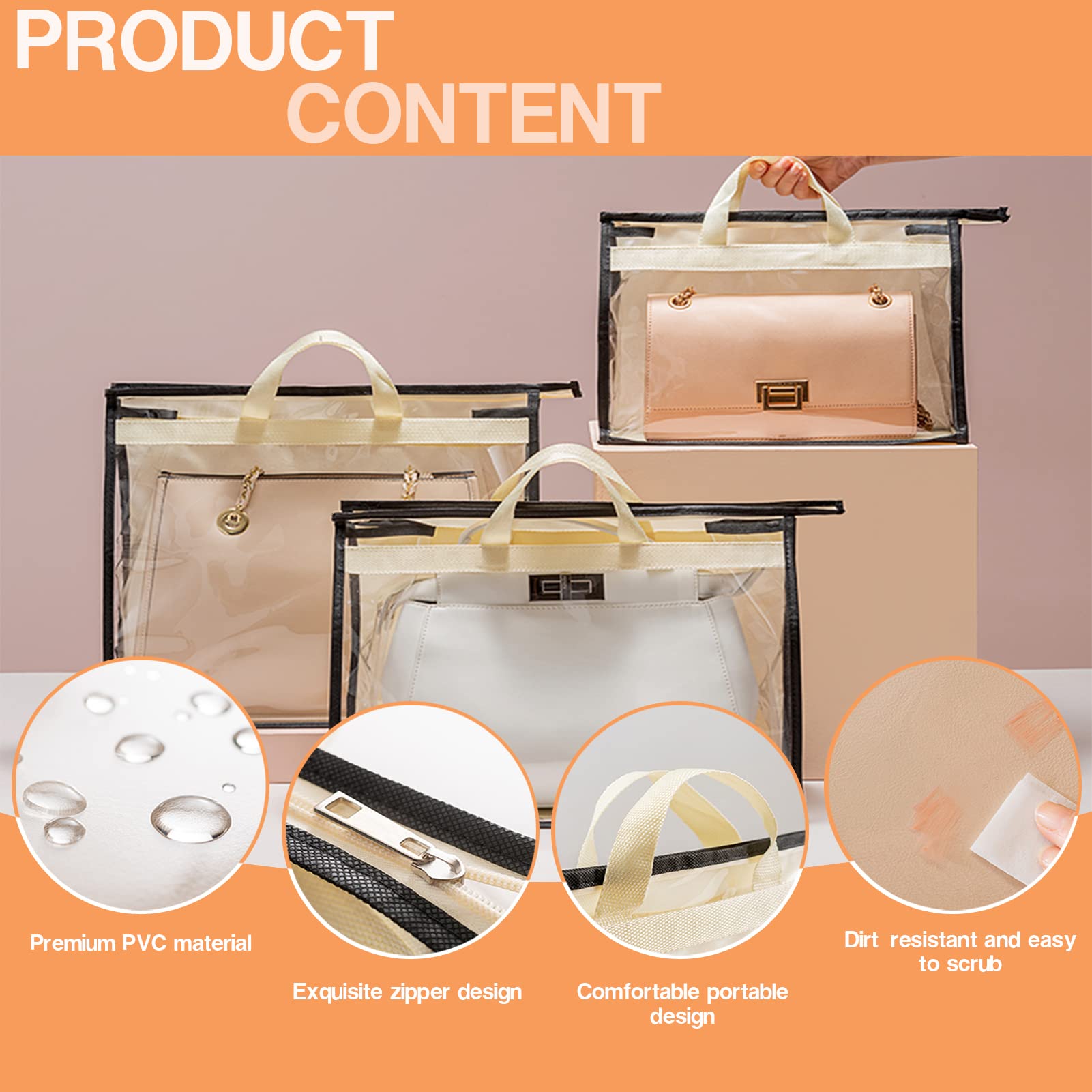 13Pcs Clear Dust Cover Bags for Handbags, YOCOMEY 5 Sizes Transparent Handbag Storage Organizer with Zipper and Handle, Dustproof Purse Protector Storage Bag for Closet Shelf (Beige)