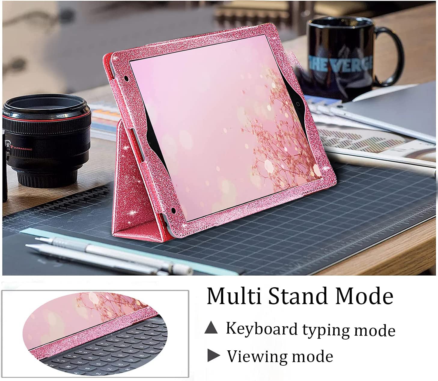 CLARKCAS iPad Air 2 Glitter Case 2014 Release Girls Women Bling Sparkle Leather Bifold Smart Tablet Case Protective Cover with Pencil Holder for Air/Pro 9.7/iPad 2018/2017 9.7 Inch Case,Pink