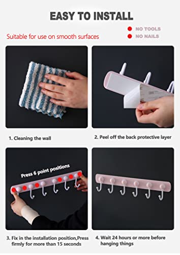 BOSGAS Adhesive Wall Hook with 6 Rotate Hooks,Wall Coat Rack, Perfect for Hanging Clothes Cooking Tool Towel in Kitchen and Bedroom, Easy to Use, Strong Bearing Capacity (Pink 2 Pack)