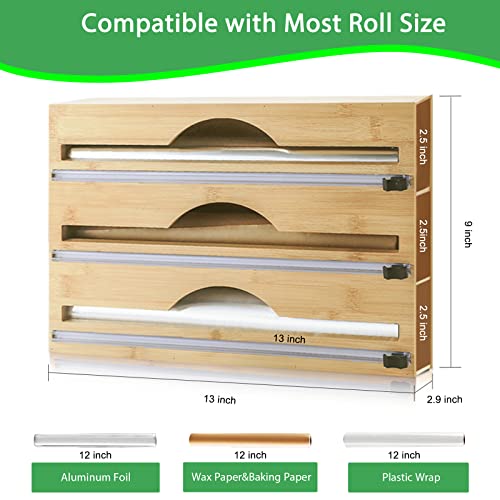 3 in 1 Wrap Dispenser with Cutter and Labels,Foil and Plastic Wrap Organizer for Kitchen, Storage Organizer for Aluminum Foil and Wax Paper,Wall Mount Bamboo Roll Organizer Holder,Send Slide Knife