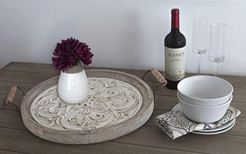 Kate and Laurel Hillrose Round Wooden Tray, 18 inch Diameter, Rustic Brown and White, Decorative Tray for Serving, Display, and Storage