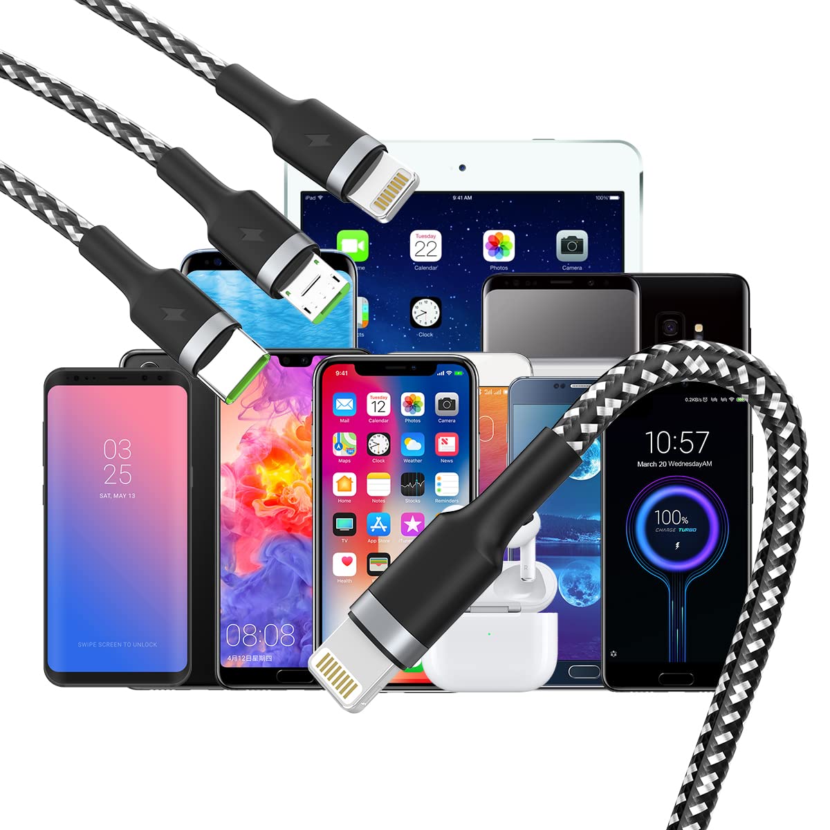 100W USB C Multi Fast Charging Cable, 6FT 5-in-2 PD 60W USB/C to USB C/Micro USB/MFi Certified iPhone Charging Cord Braided Fast Charging Cord Universal Sync Charger Adapter for iPhone/Android Phone